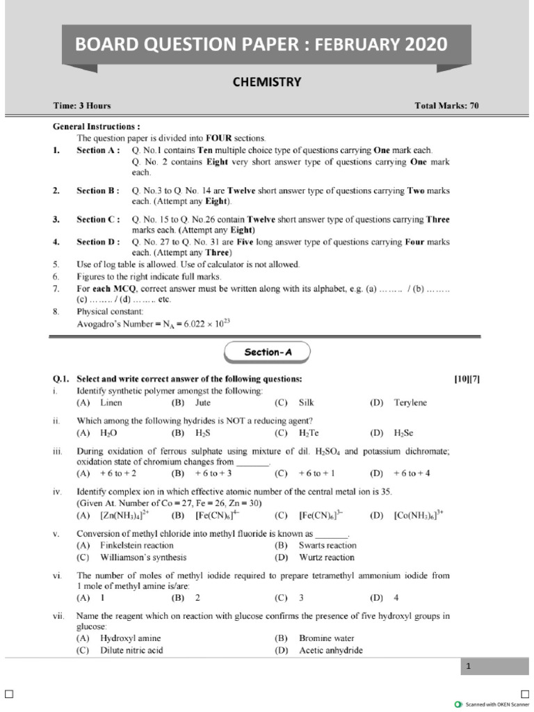 Chemistry March 2020 STD 12th Science HSC Maharashtra Board Question ...