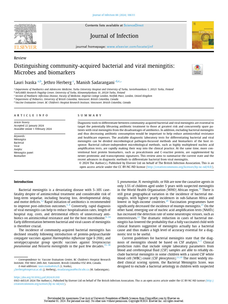 Distinguishing Community-Acquired Bacterial and Viral Meningitis ...