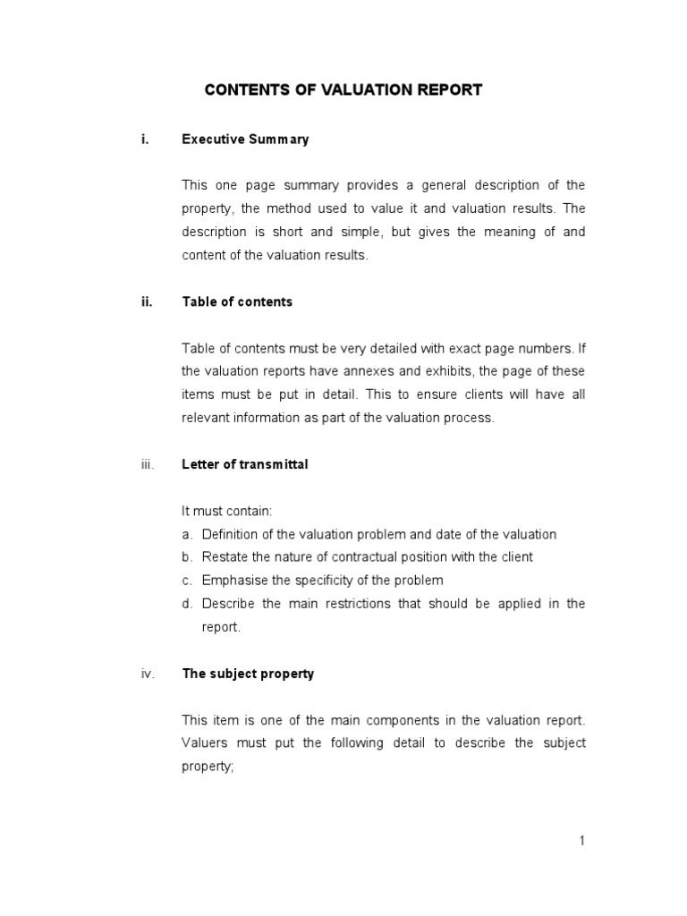 Contents of Valuation Report | PDF | Real Estate Appraisal | Property