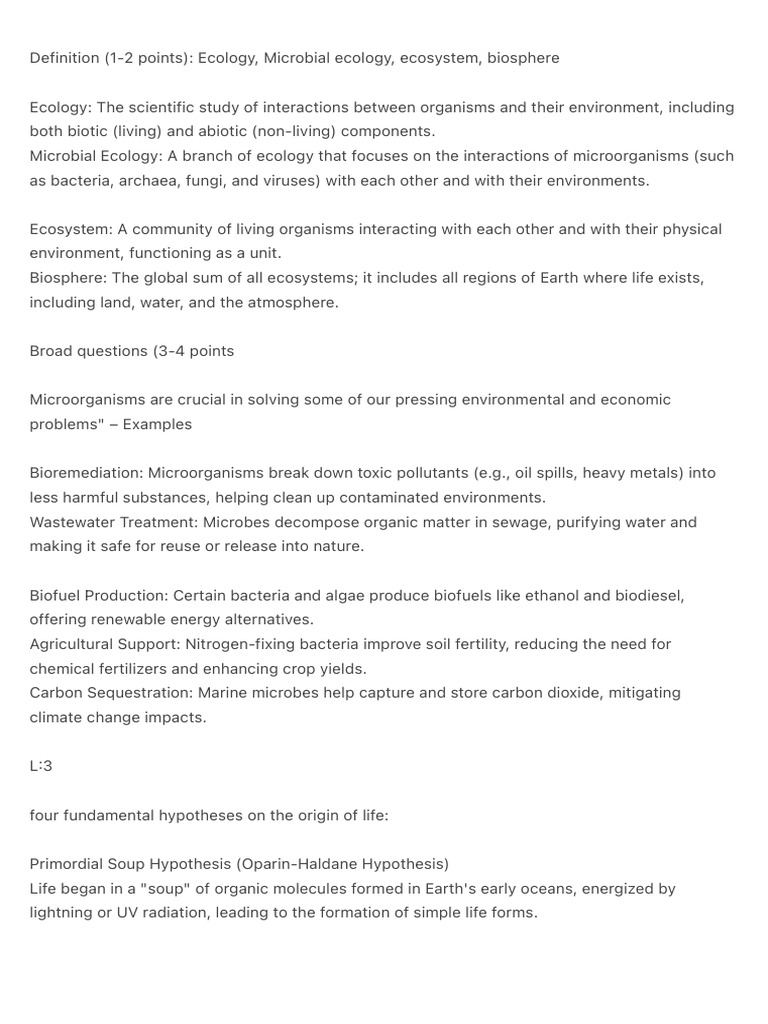 Definition (1-2 Points) Ecology, Microbial Ecology, Ecosystem ...
