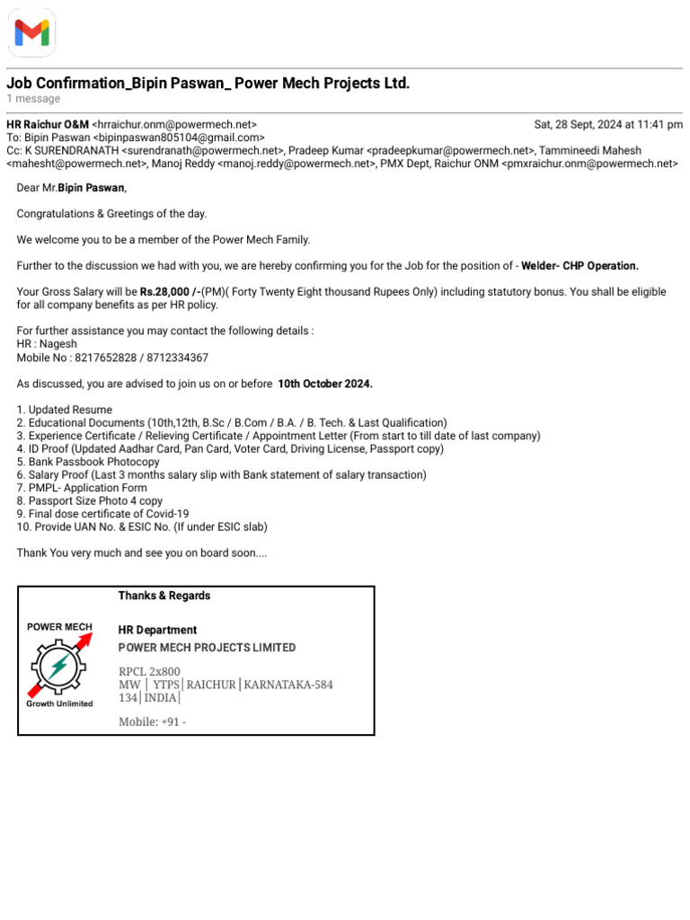Gmail - Job Confirmation - Bipin Paswan - Power Mech Projects Ltd. | PDF