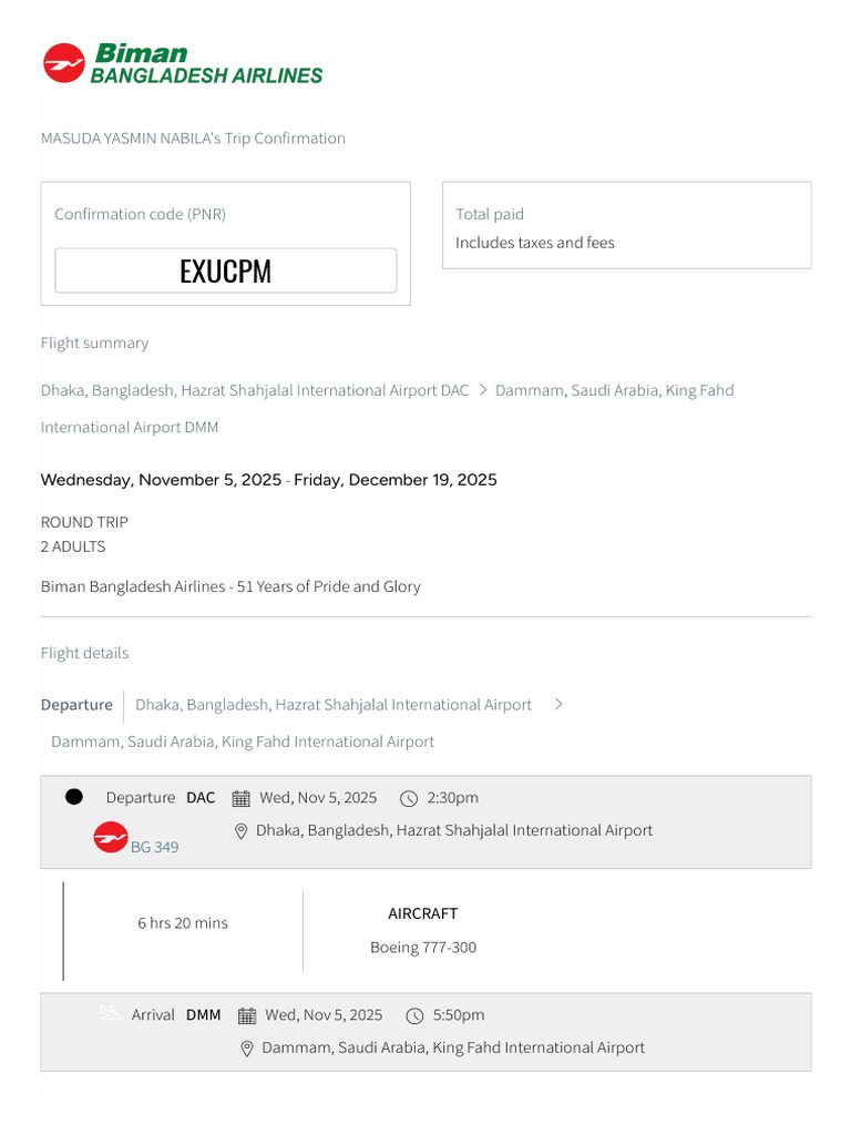 Biman Bangladesh Airlines - Print Confirmation 05 NOV | PDF