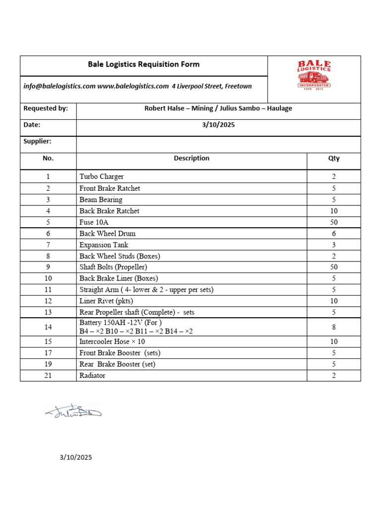 Bale Logistics Requisition Form - Haulage - 00024 | PDF