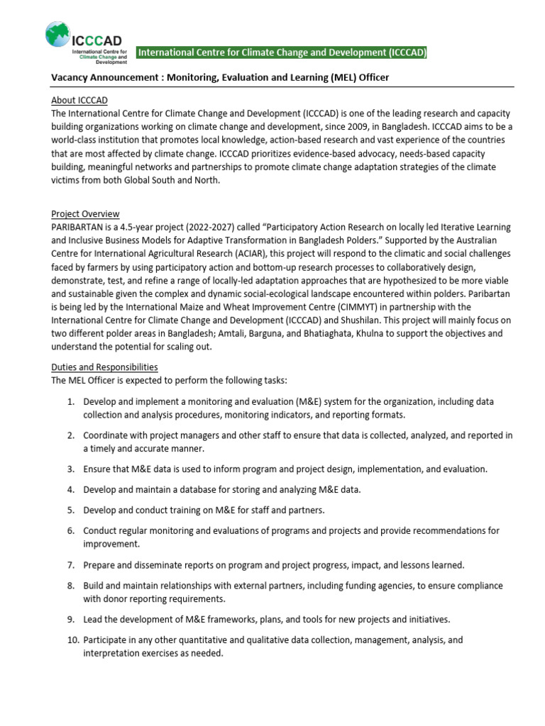 ICCCAD MEL Officer Vacancy Announcement | PDF | Evaluation | Governance