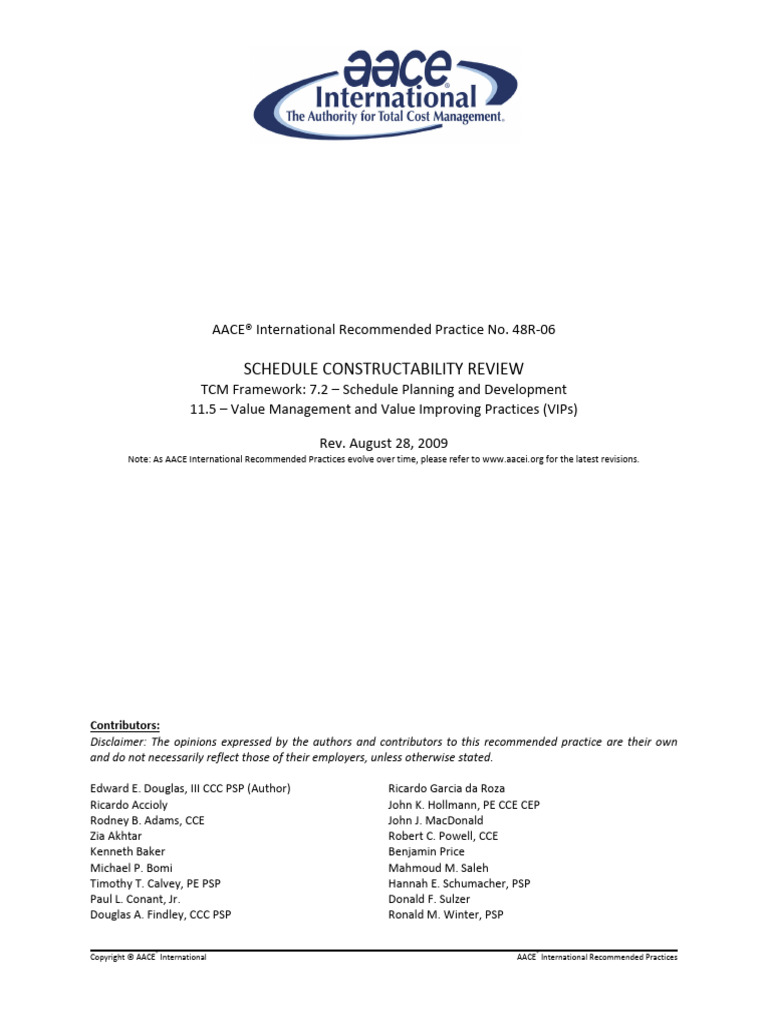 Schedule Constructability Review: Aace® International Recommended ...