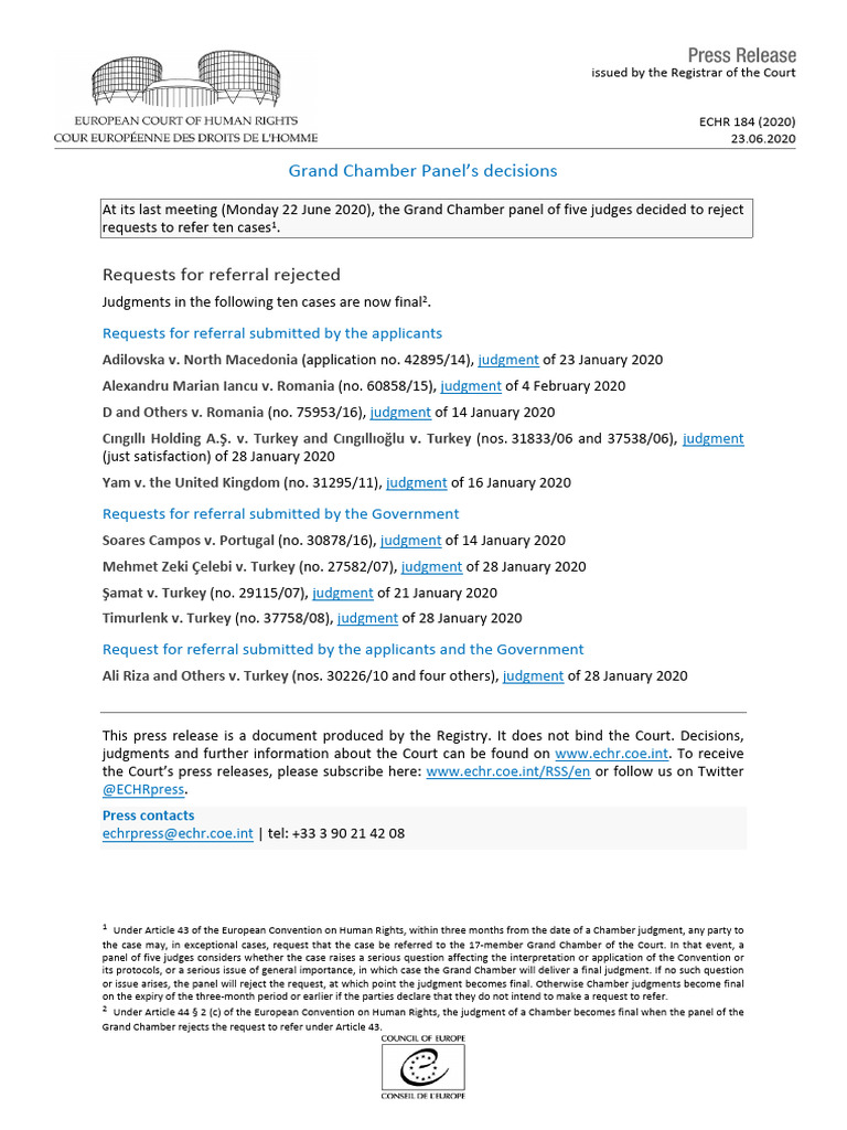 Grand Chamber Panel's Decisions - June 2020 | PDF | Constitutional Law ...