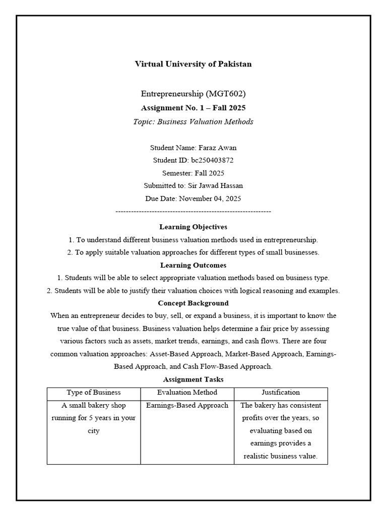 MGT602 Assignment 1: Business Valuation | PDF | Valuation (Finance ...