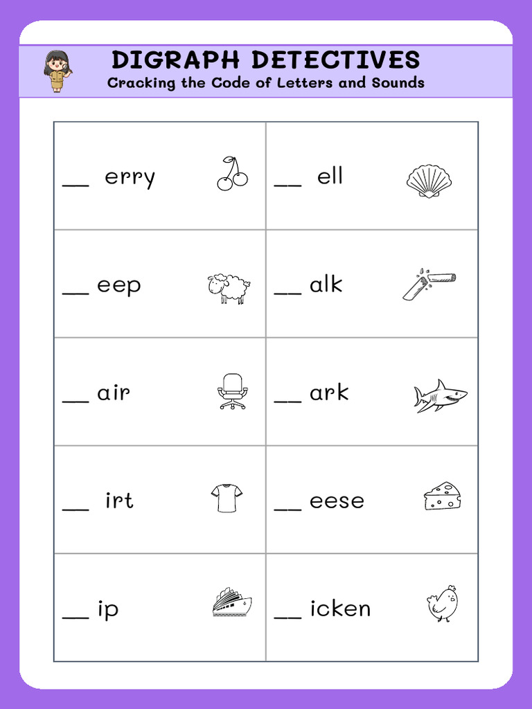 English 'CH' and 'SH' Digraphs Worksheet Purple and White Lined Style ...