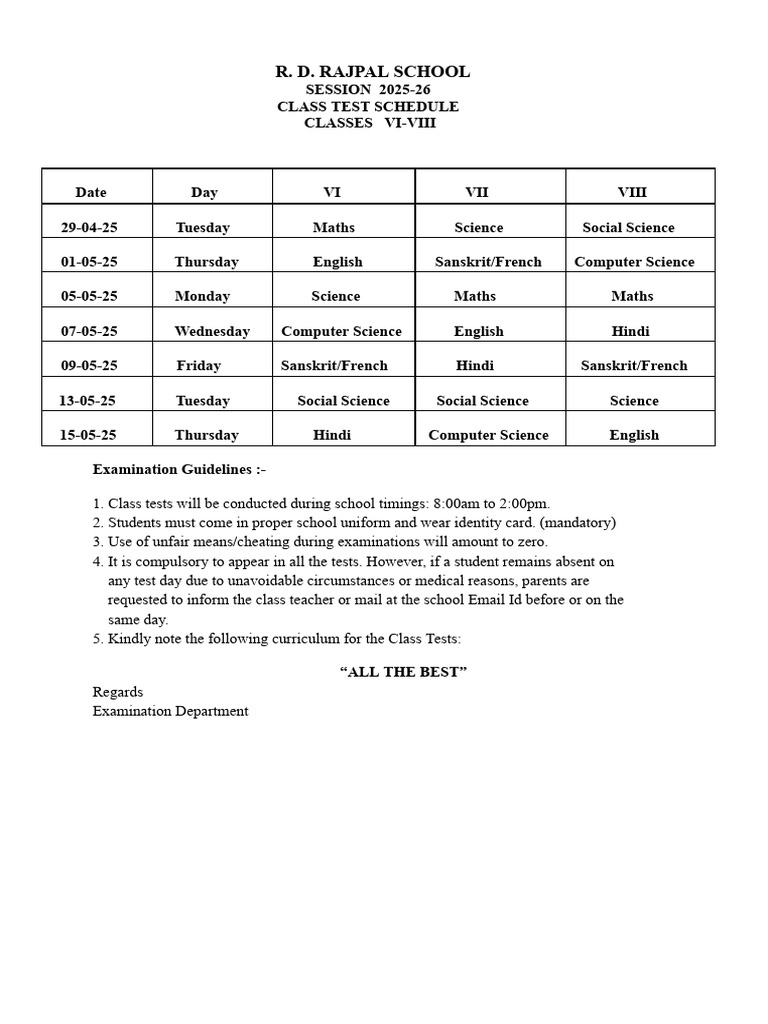 Class Test Schedule for VI-VIII 2025-26 | PDF