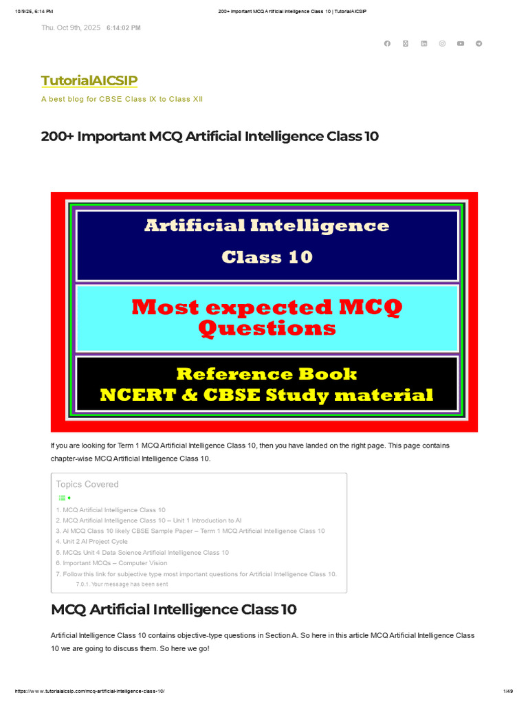 200+ Important MCQ Artificial Intelligence Class 10 - TutorialAICSIP | PDF | Artificial ...