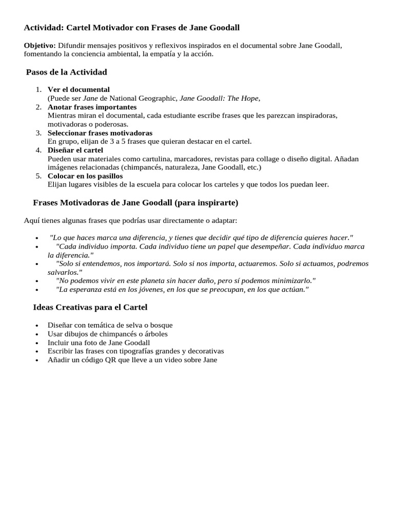Actividad Doc National Geographic Jane Goodall The Hope | PDF