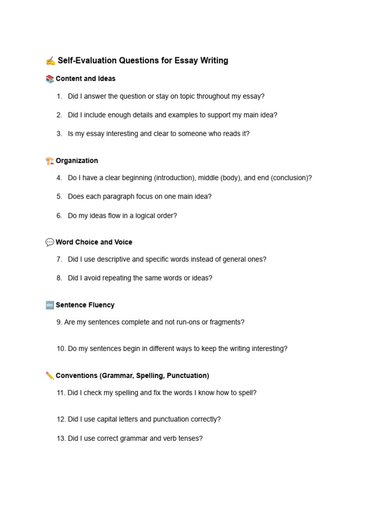 Self-Evaluation Questions For Essay Writing | PDF