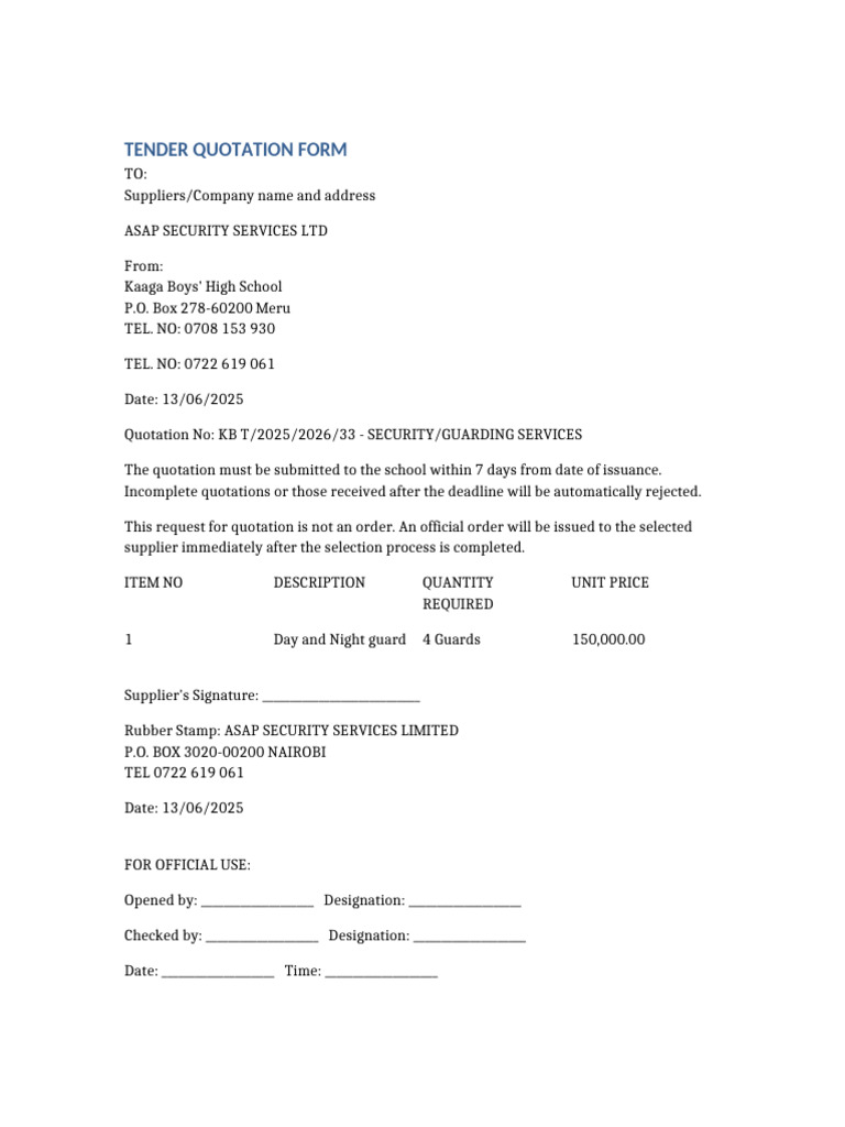 Tender Quotation Form ASAP Security | PDF