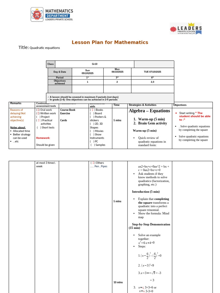 Lesson Plan: Solving Quadratic Equations | PDF | Algebra | Mathematics
