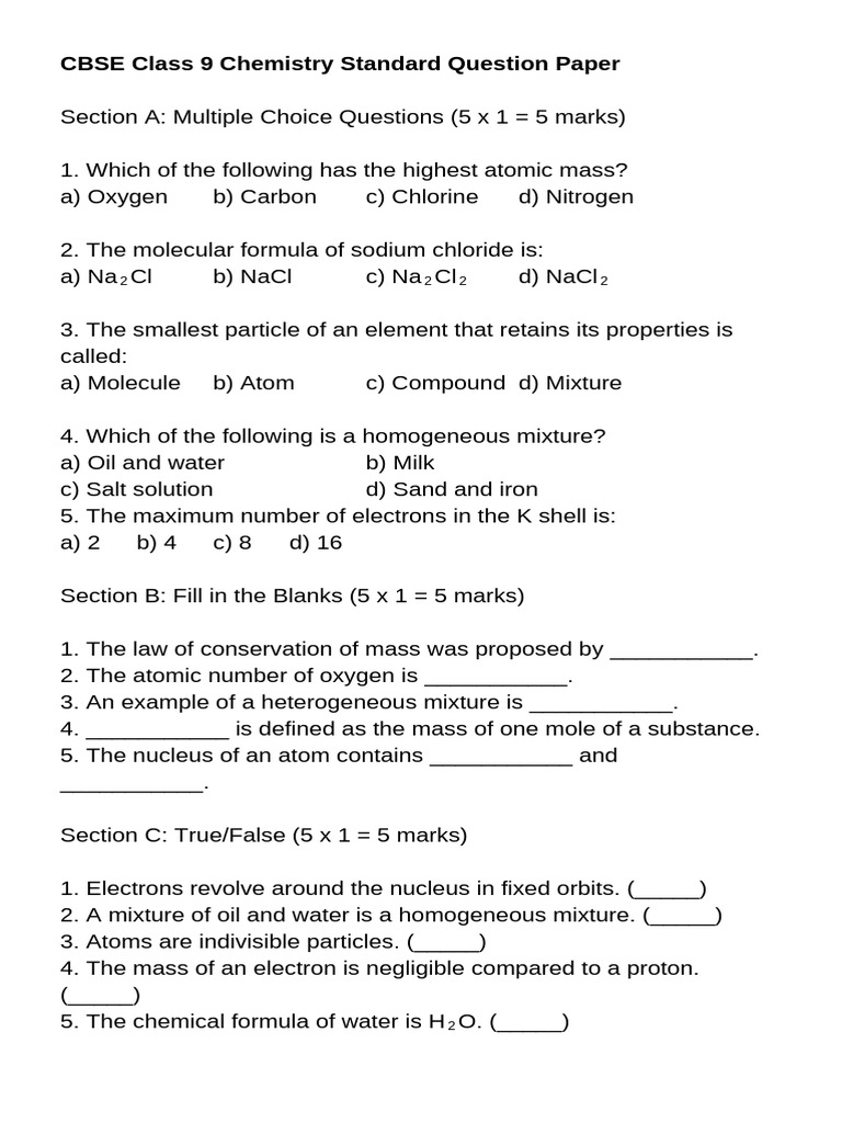 CBSE Class 9 Chemistry Question Paper | PDF | Atoms | Molecules