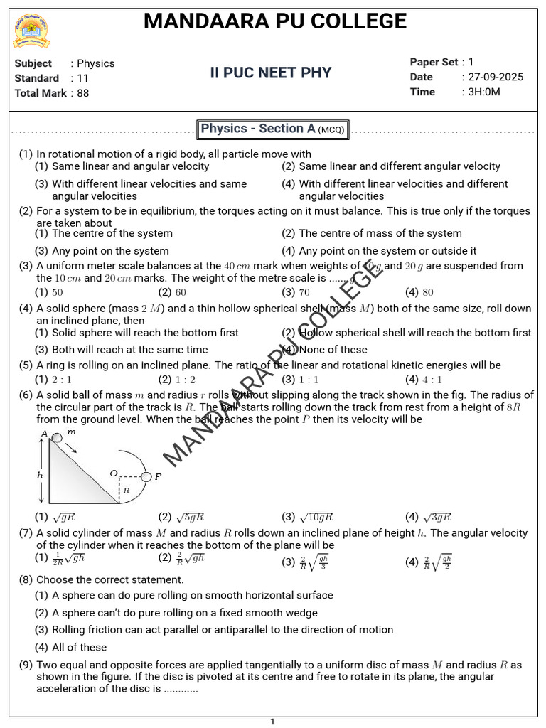 NEET Physics MCQ Paper Set 1 | PDF | Rotation Around A Fixed Axis | Torque