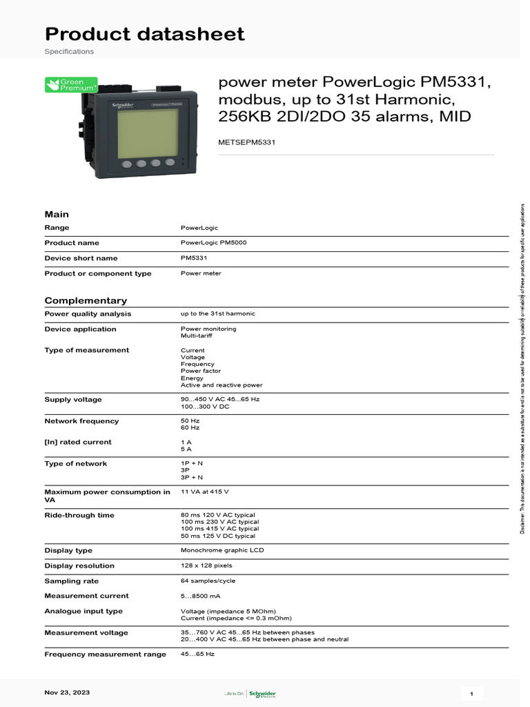 PowerLogic PM5331 Power Meter Specs | PDF