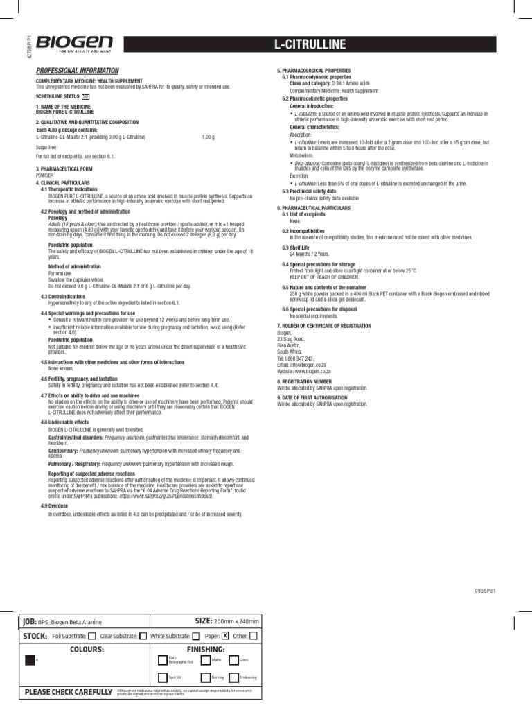 L Citrulline Malate Powder 250g Package Insert | PDF | Pharmacology ...
