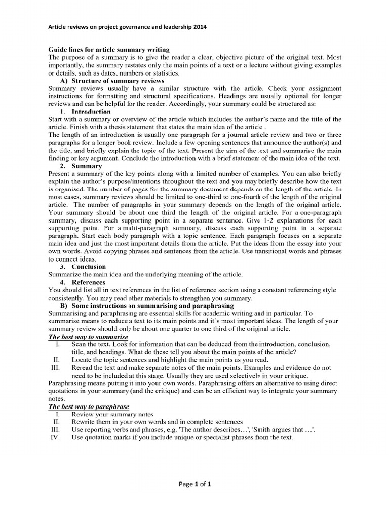 Guidelines For Summary Reviews | PDF
