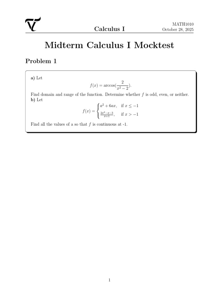 Calculus I Midterm Mock Test Problems | PDF | Tangent | Integral