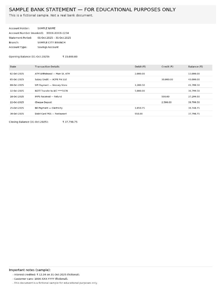 Sample Bank Statement Educational | PDF