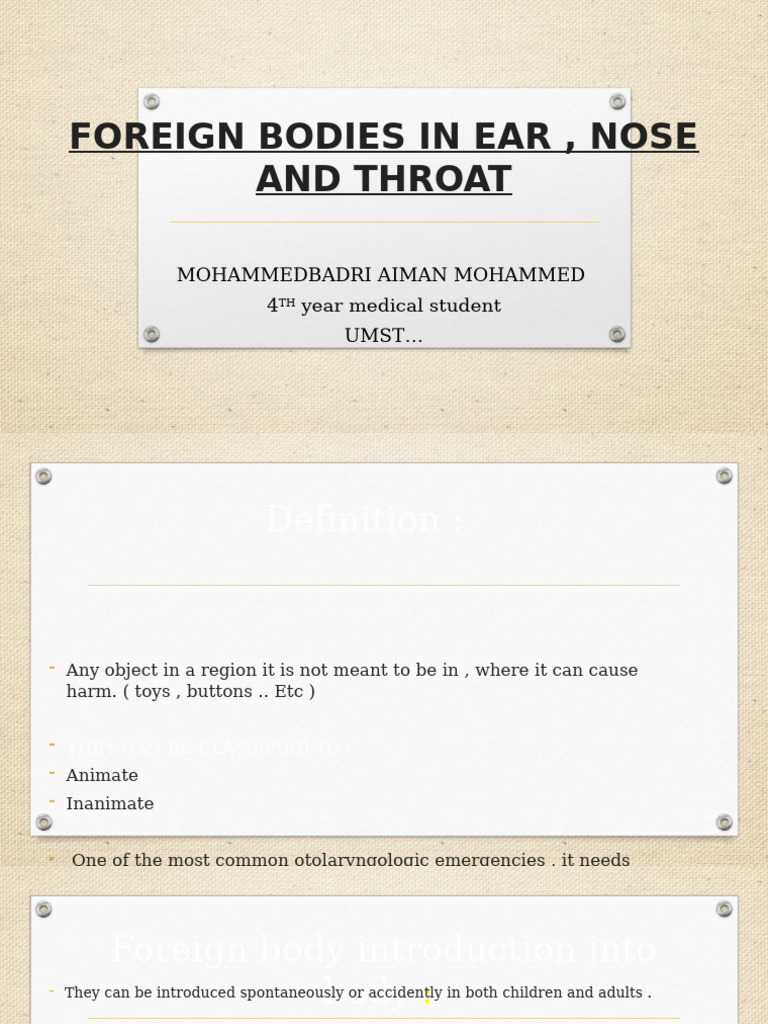 Foreign Bodies in Ear, Nose and Throat | PDF | Human Nose | Medical ...