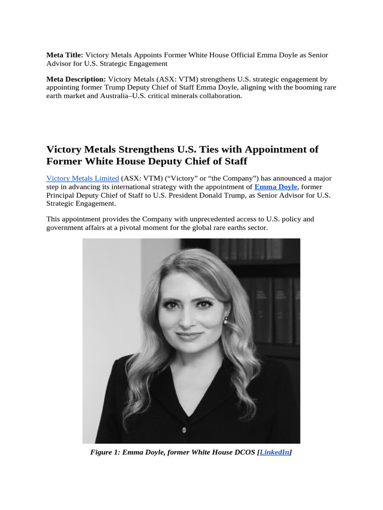 Victory Metals Appoints Emma Doyle Advisor | PDF | Office Of Management ...