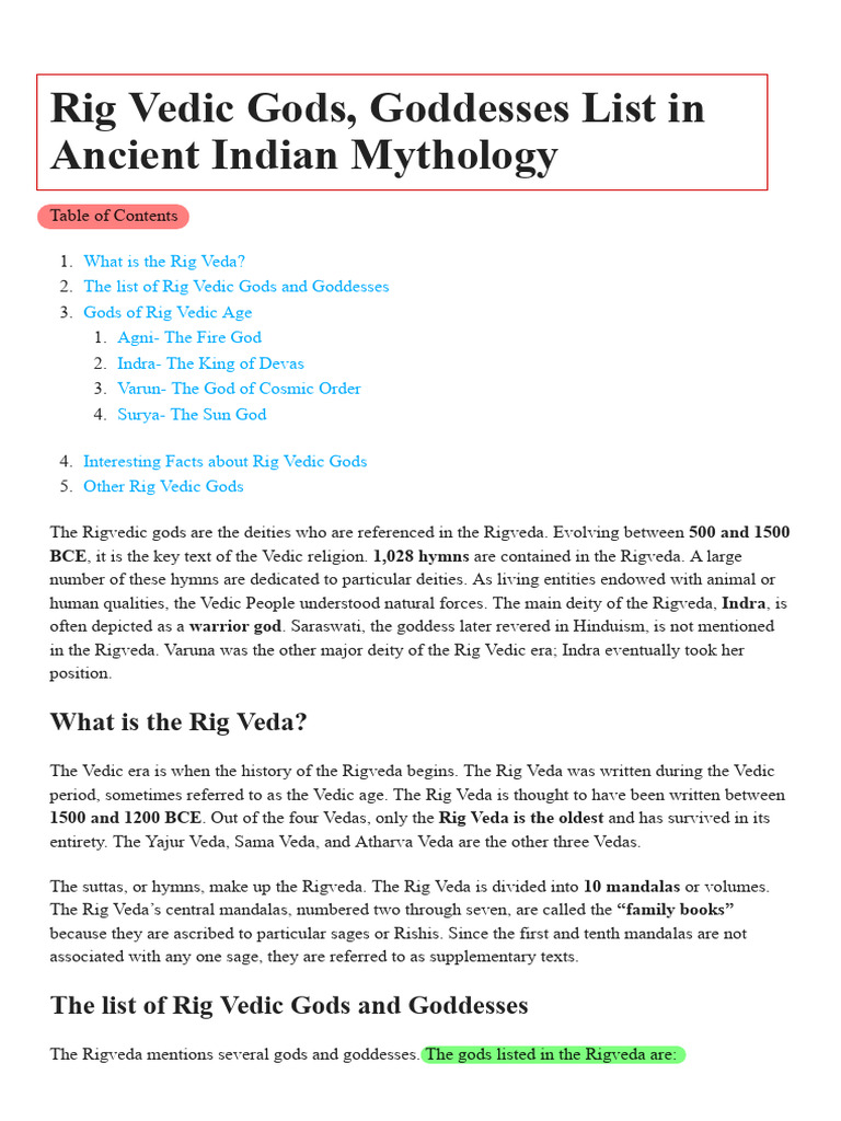 Rig Vedic Gods and Goddesses Overview | PDF | Vedas | Deities
