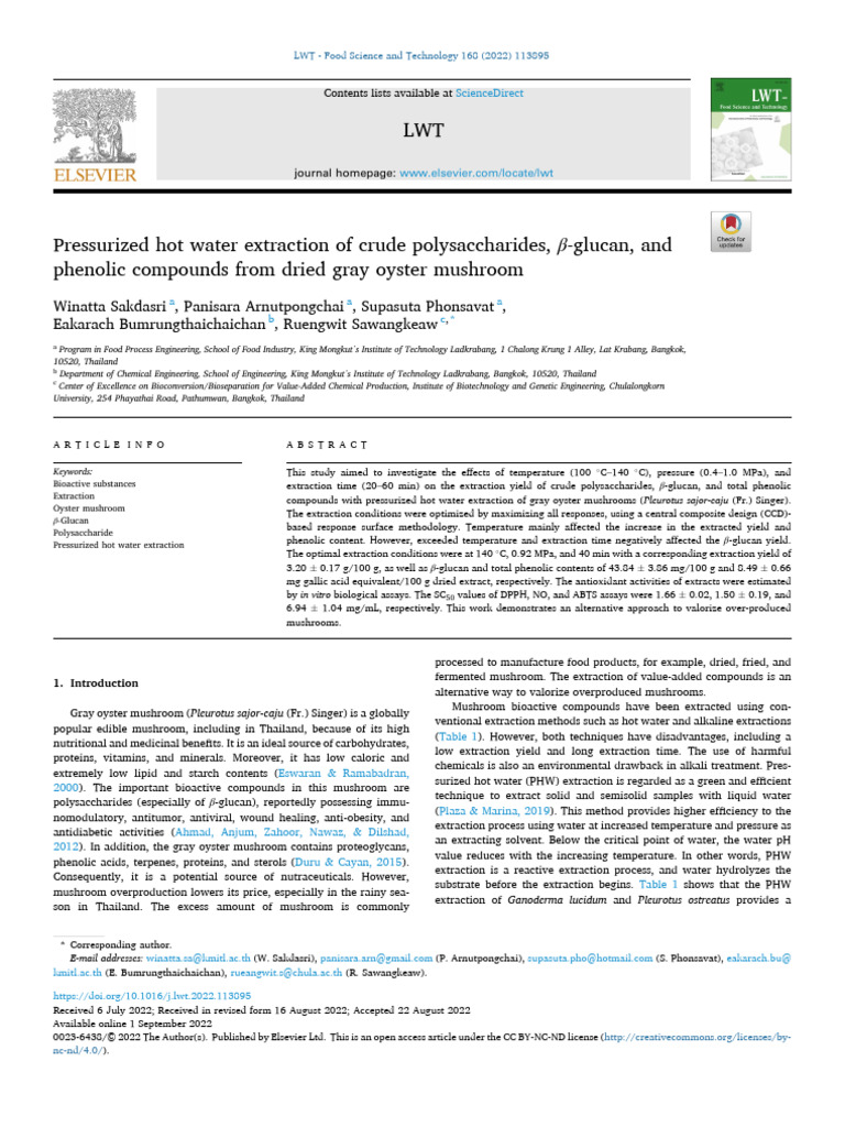 Pressurized Extraction of Mushroom Compounds | PDF | Water | Chemical ...