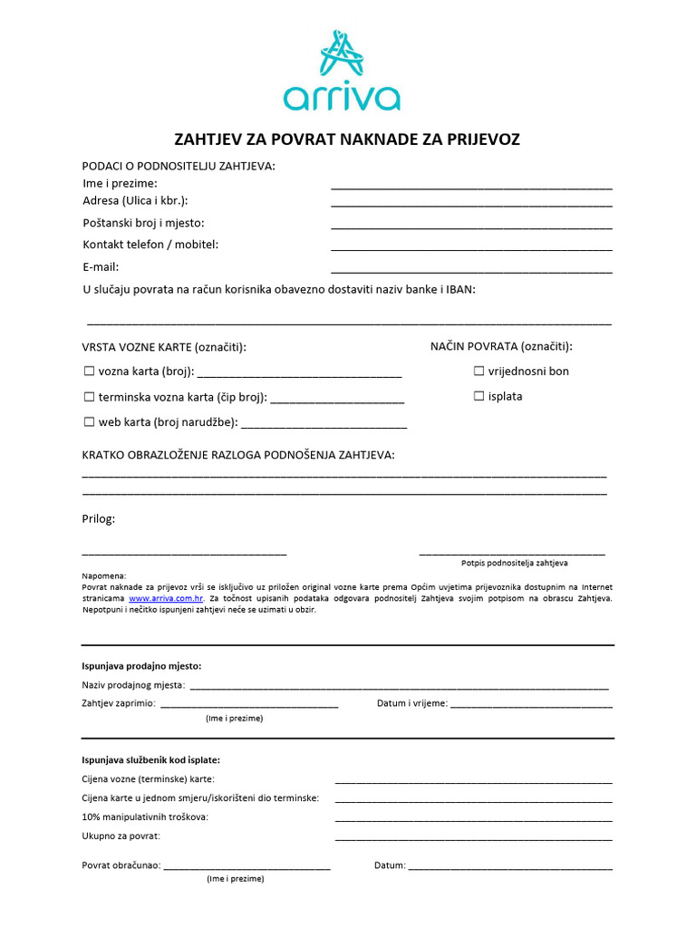 Zahtjev Za Povrat Naknade Za Prijevoz 2021 | PDF