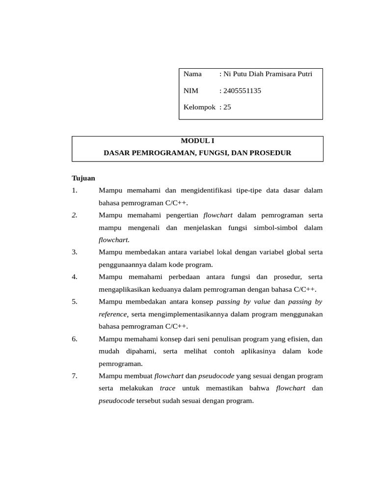 Penda Modul 1 - 2405551135 - Ni Putu Diah Pramisara Putri | PDF