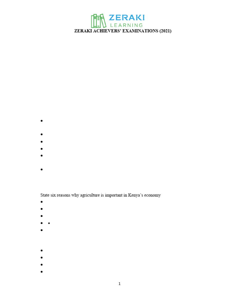 Agriculture Form 1 - Zeraki Achievers 4.0 - Marking Scheme | PDF ...