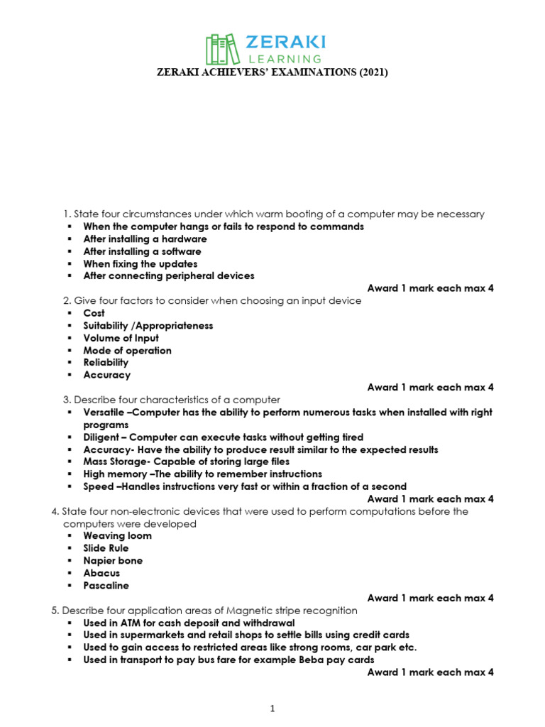 Computer Studies Form 1 - Zeraki Achievers 4.0 - Marking Scheme | PDF ...