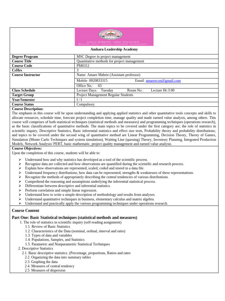 QMPM Course Outline Final | PDF | Statistics | Nonparametric Statistics