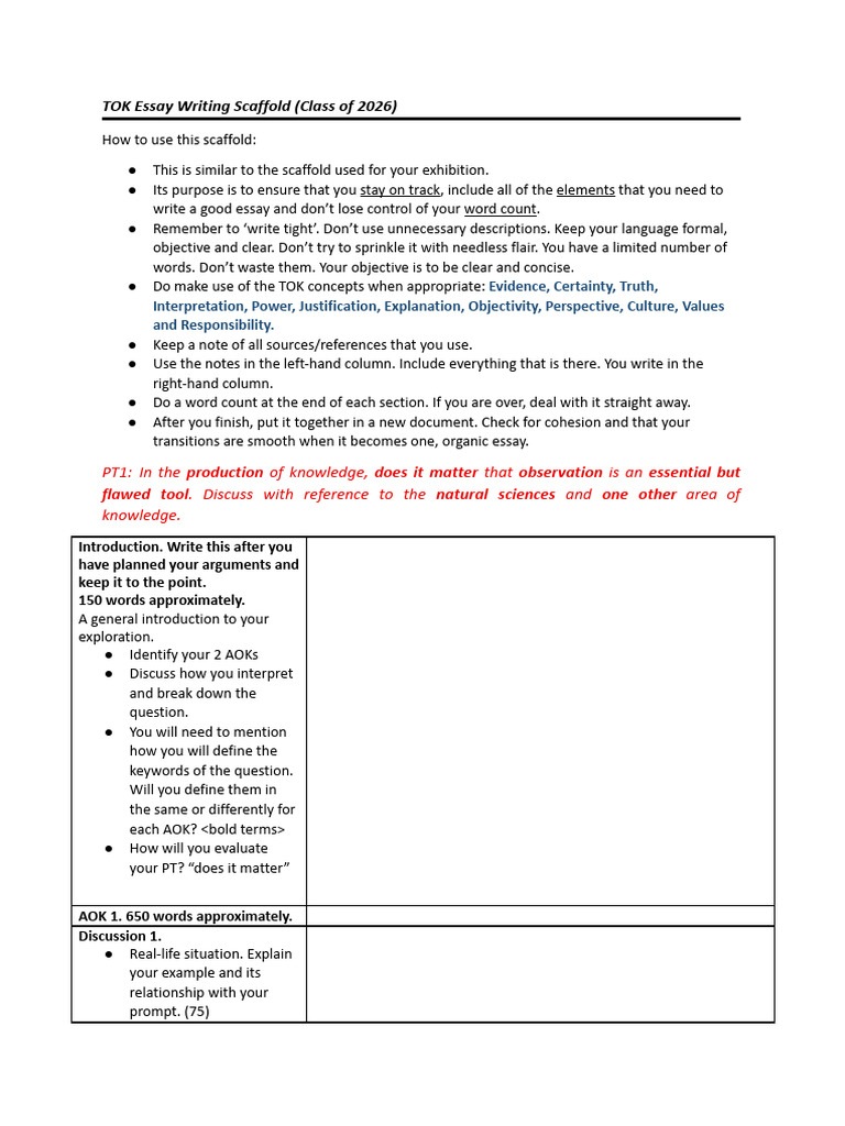 TOK Essay Writing Scaffold (PT1) | PDF | Knowledge | Essays