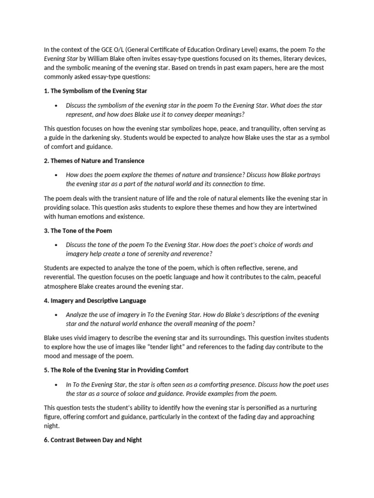 GCE O/L Essay Questions on Blake's Poem | PDF | Poetry