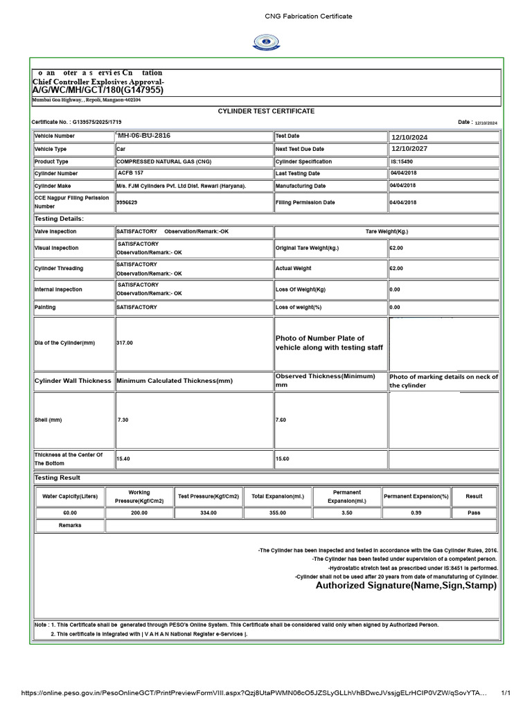 CNG Cylinder Test Certificate G139575 | PDF | Gases | Gas Technologies