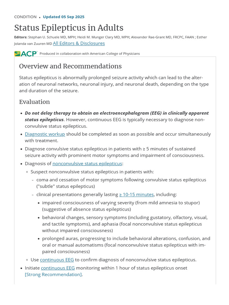 Status Epilepticus in Adults - DynaMed | PDF | Epilepsy | Diseases And ...