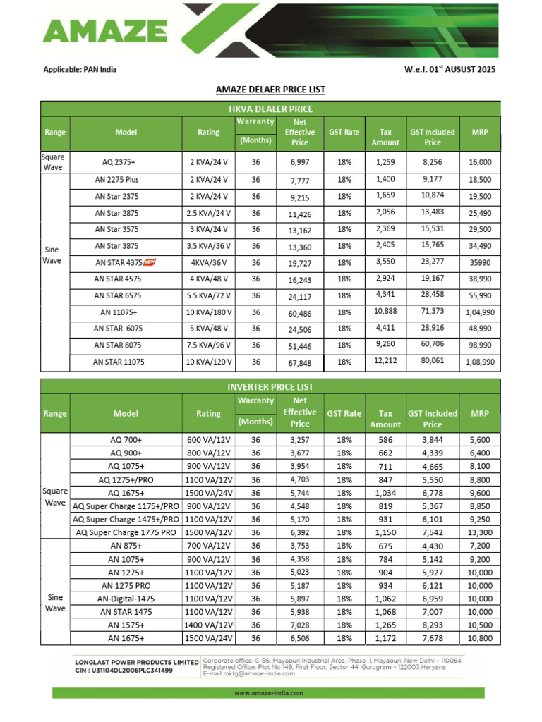 Amaze Dealer Price List 01st August 2025 | PDF | Payments | Taxes