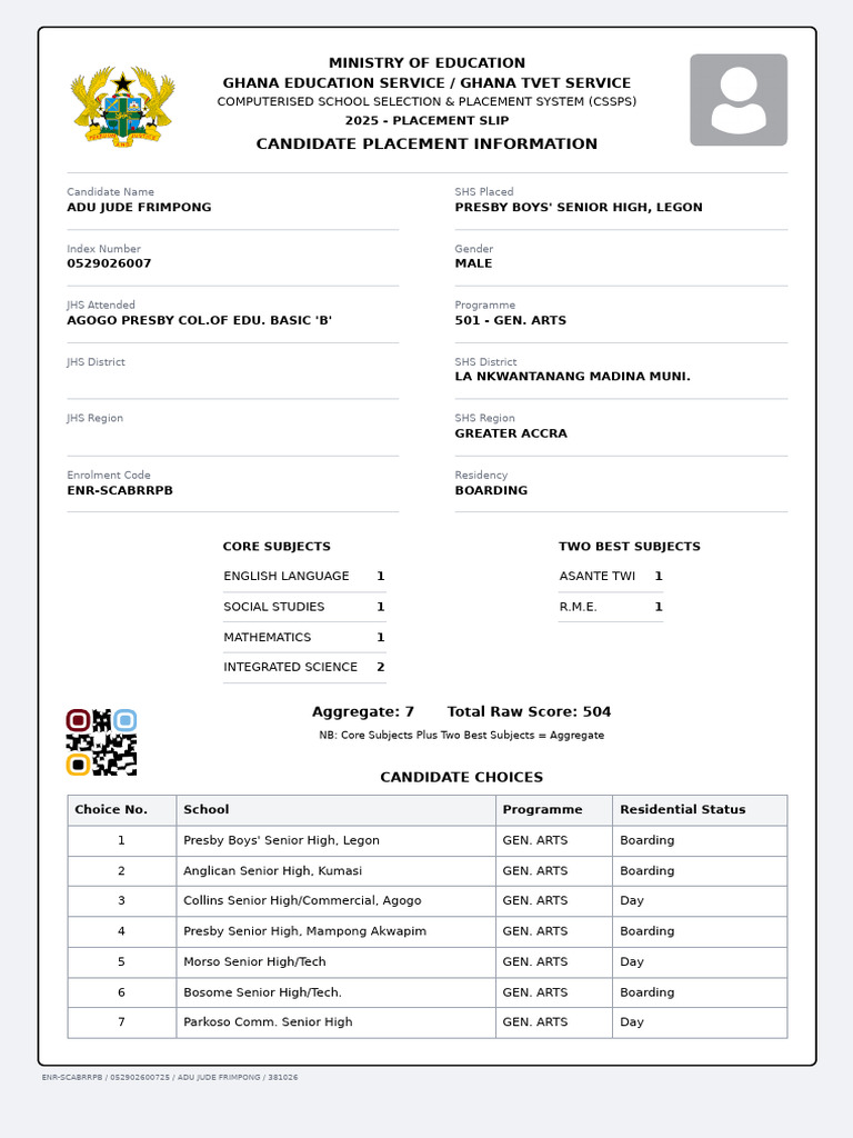 2025 CSSPS Placement Slip for Adu Jude | PDF | Ghana