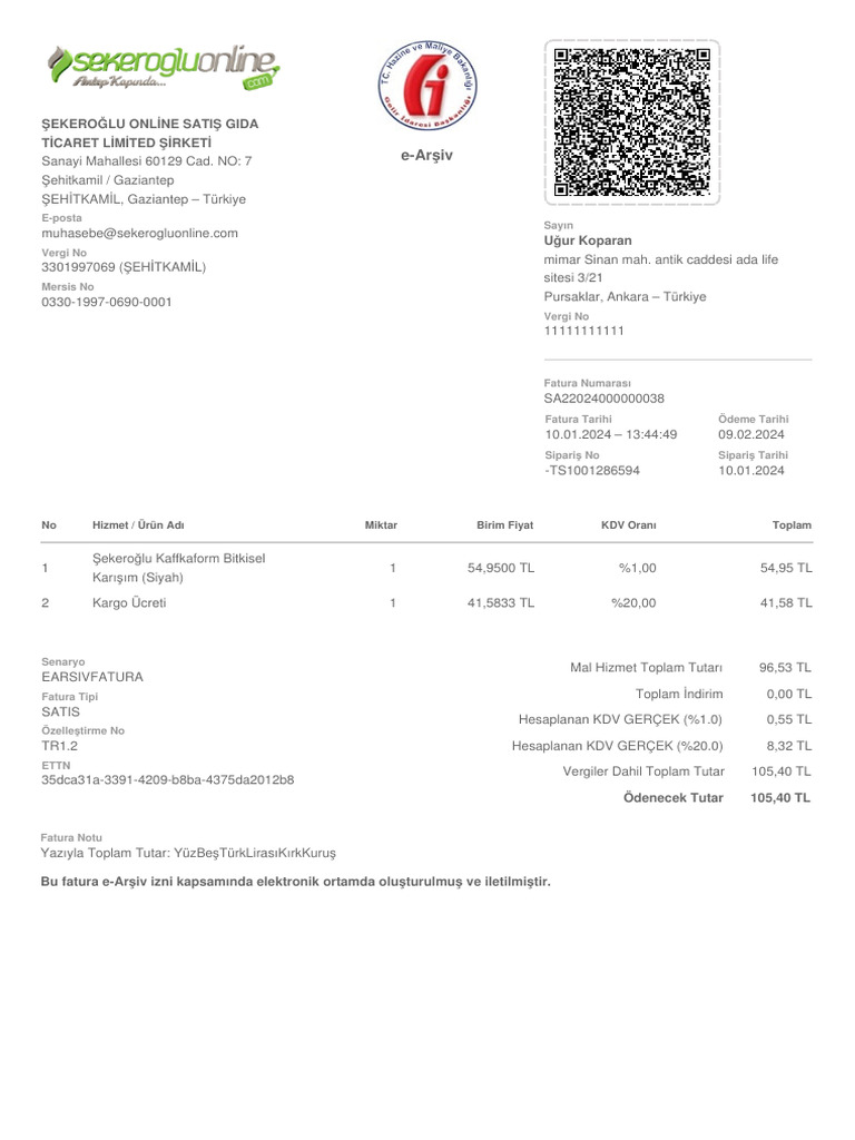Sekeroglu Online Fatura 2024-01-10 | PDF
