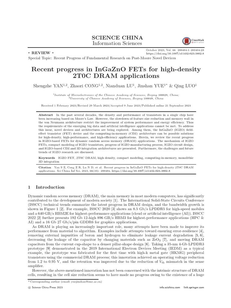 Recent Progress in InGaZnO FETs For High-Density 2T0C ... | PDF | Field ...