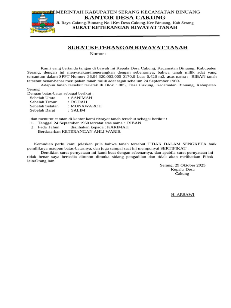 Surat Keterangan Tanah Desa Cakung | PDF