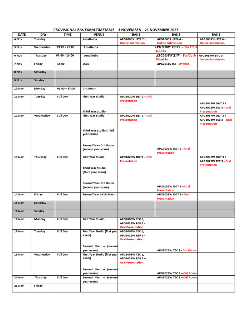BAS Exam Timetable: Nov 4-21, 2025 | PDF