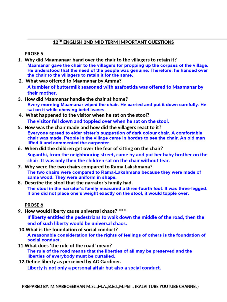 12th English 2nd Mid Term Imp Qns | PDF