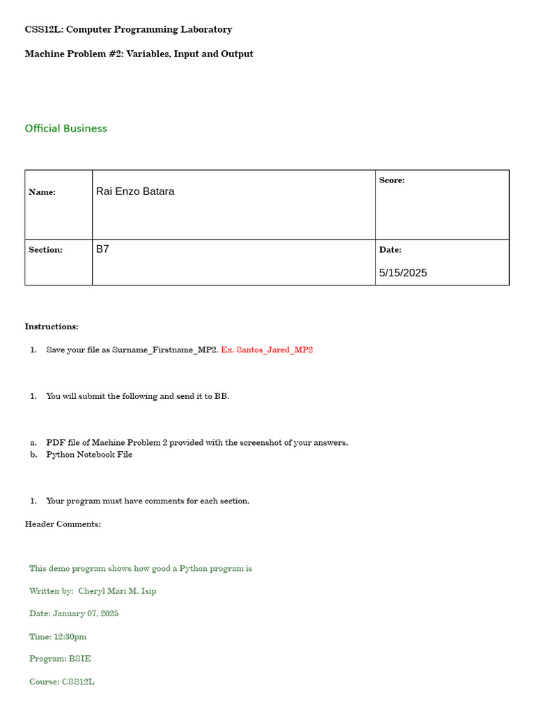 Batara RaiEnzo MP2 | PDF | Area | Computer Science