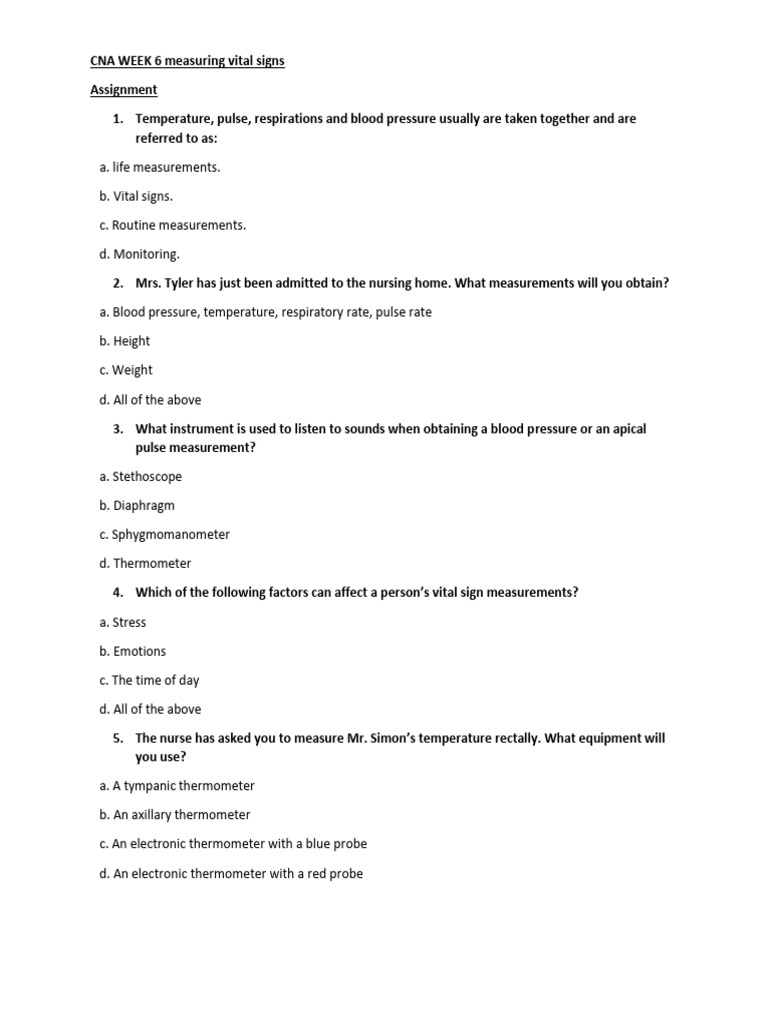 CNA WEEK 6 Measuring Vital Signs | PDF | Medical Specialties | Clinical ...