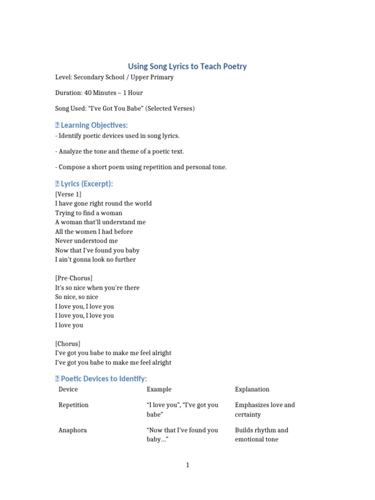 Using Song Lyrics To Teach Poetry FULL | PDF | Poetry | Love