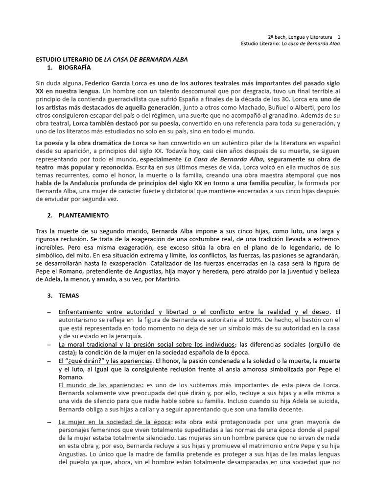 Análisis de "La casa de Bernarda Alba" | PDF | Federico García Lorca
