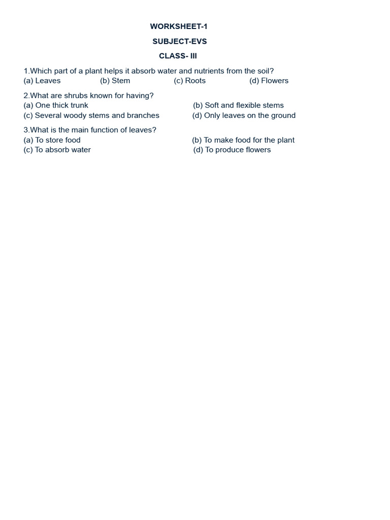 Class-3rd EVS WORKSHEET 2 | PDF | Plants | Foods